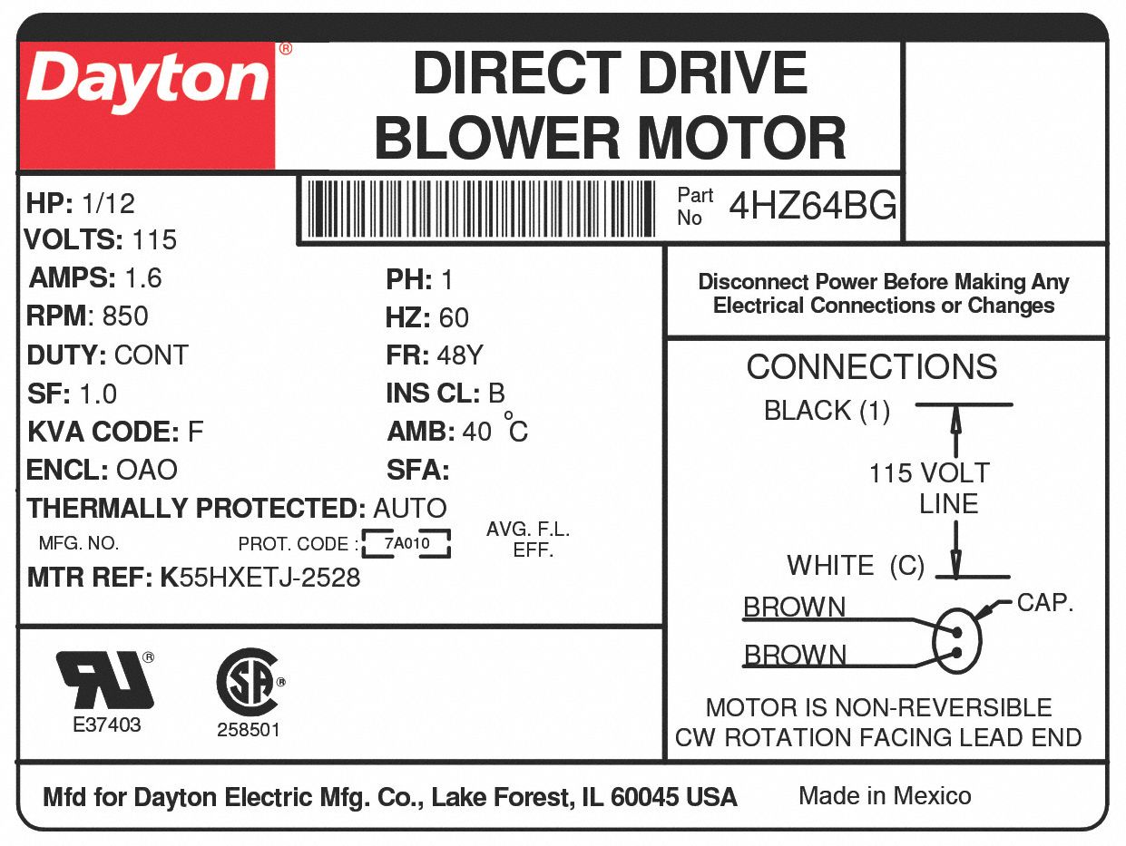 DAYTON Direct Drive Blower Motor: 1 Speed, Open Air-Over, Stud Mount, 1 ...