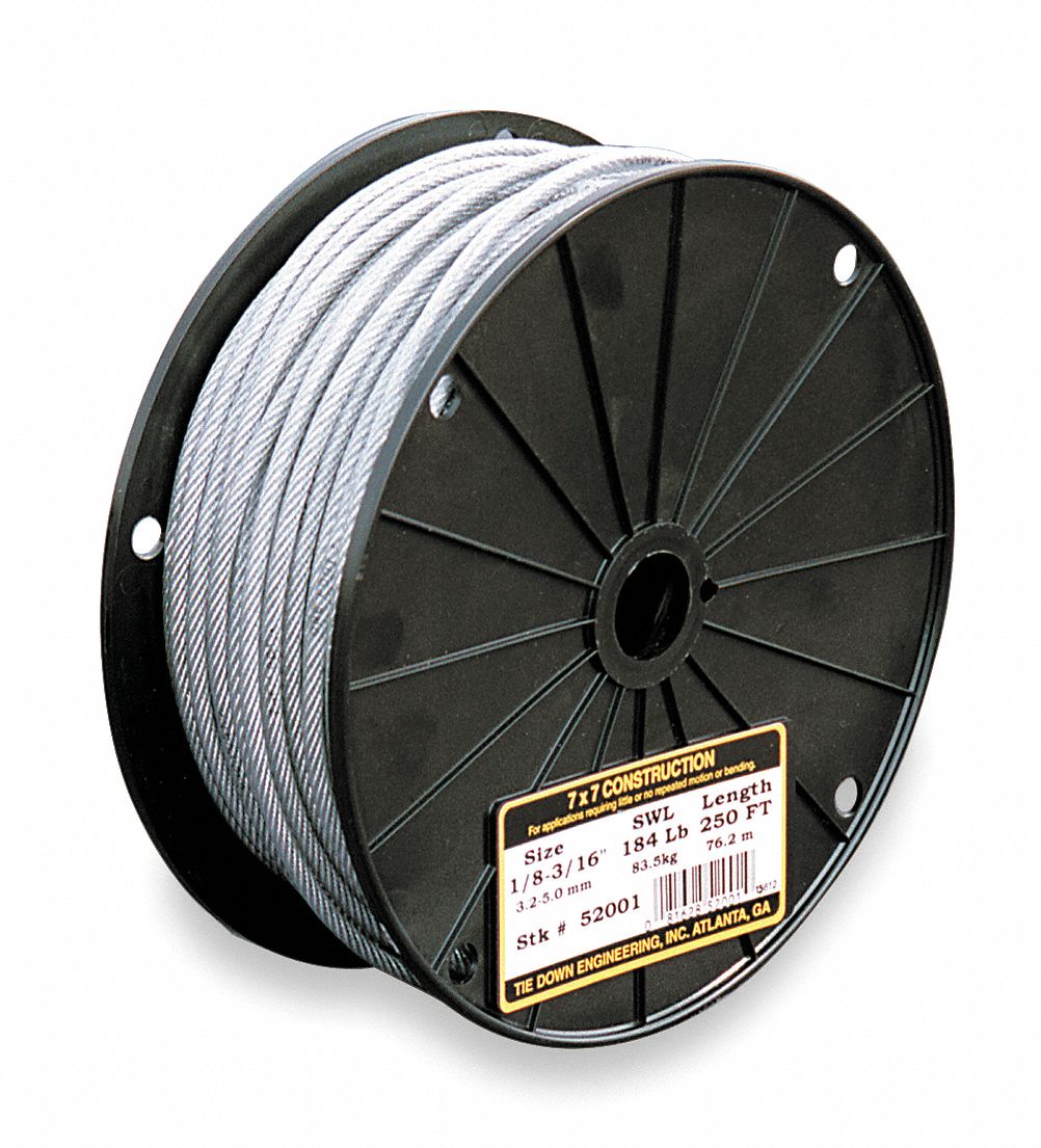 Cable, Galvanized steel, 7 x 7, 1/16 in Cable Size, 1/16 in Outside Dia ...