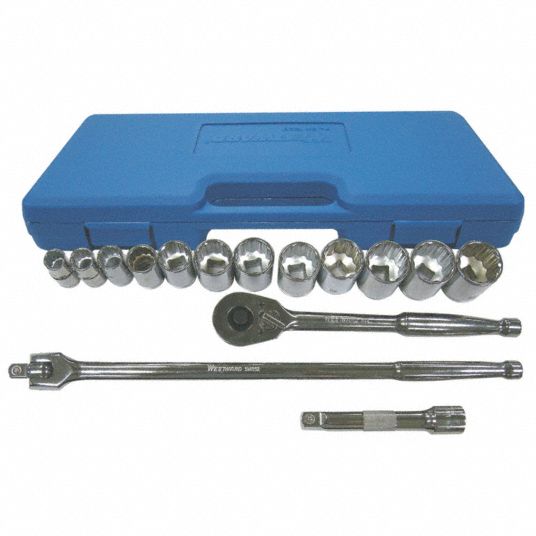 WESTWARD Socket Wrench Set: 1/2 in Drive Size, 17 Pieces, 10 mm to 28 ...