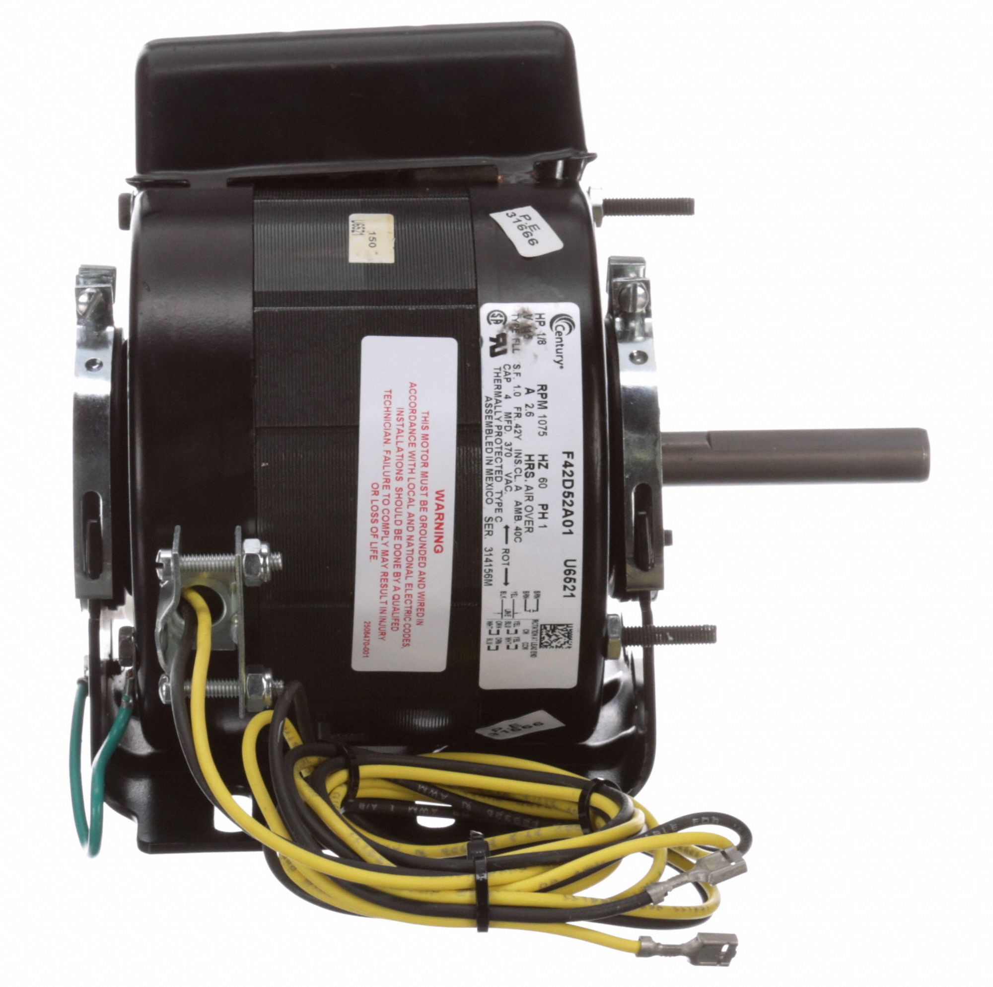 CENTURY Unit Heater Motor: 1 Speed, 1/8 HP, 1,075 Nameplate RPM, 115V ...