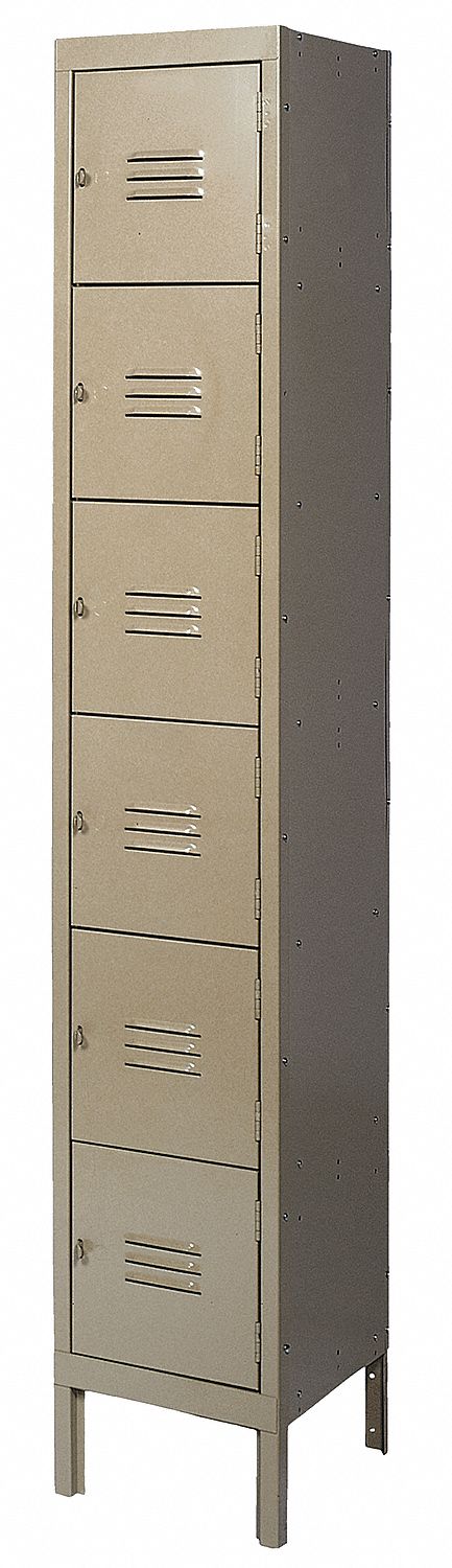 Tan Box Locker, (1) Wide, (6) Tier , Openings: 6, 12 in W X 18 in D X ...