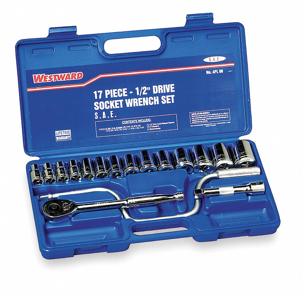 WESTWARD Socket Wrench Set: 1/2 in Drive Size, 17 Pieces, 3/8 in to 1 1 ...