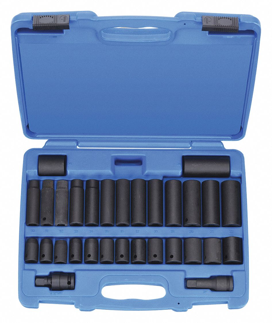 Impact Socket Set, Black Oxide, 1/2 in, Impact Rated Yes - Grainger