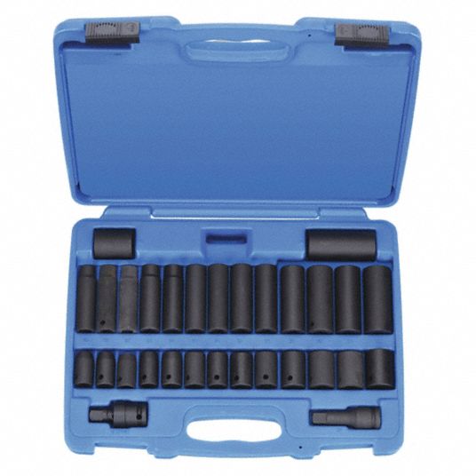 Impact Socket Set, Black Oxide, 1/2 in, Impact Rated Yes - Grainger