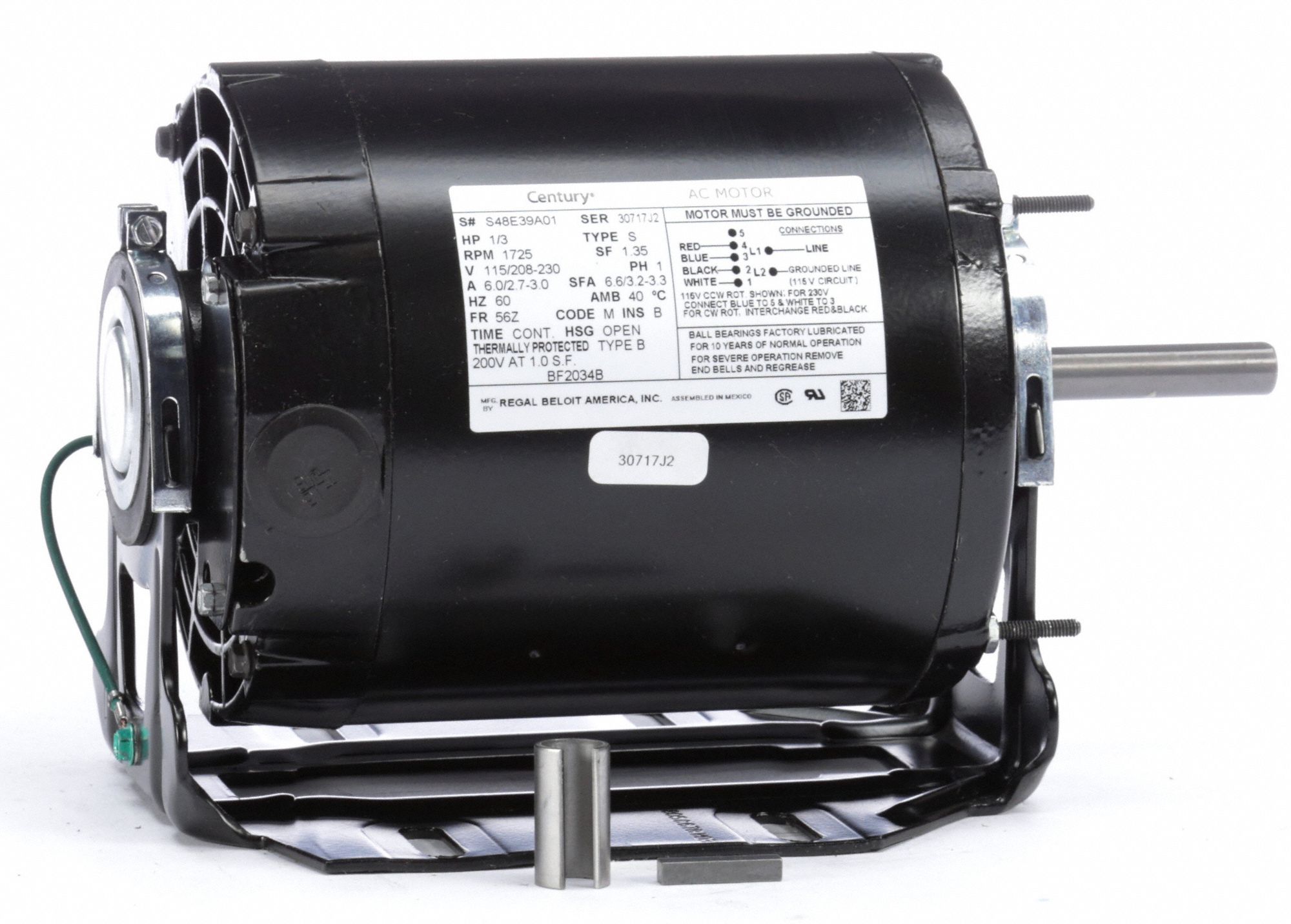 CENTURY Belt Drive Motor: 1 Speed, Open, Cradle Base Mount, 1/3 HP ...
