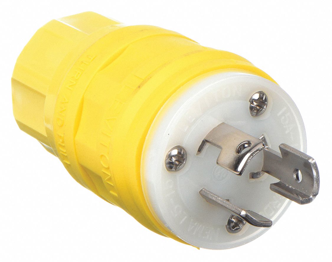 15A Industrial Grade Non-Shrouded Watertight Locking Plug, Yellow; NEMA Configuration: L5-15P ...