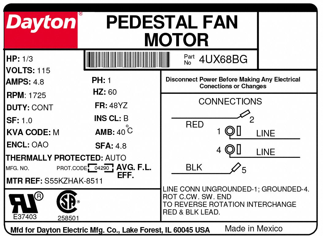 DAYTON Pedestal Fan Motor: 1/3 HP, 1,725 Nameplate RPM, 115V AC, 48YZ ...
