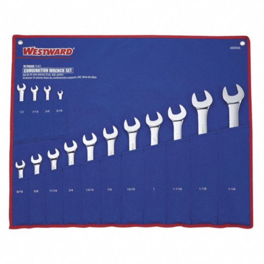 WESTWARD Combination Wrench Set: Alloy Steel, Chrome, 15 Tools, 15 ...