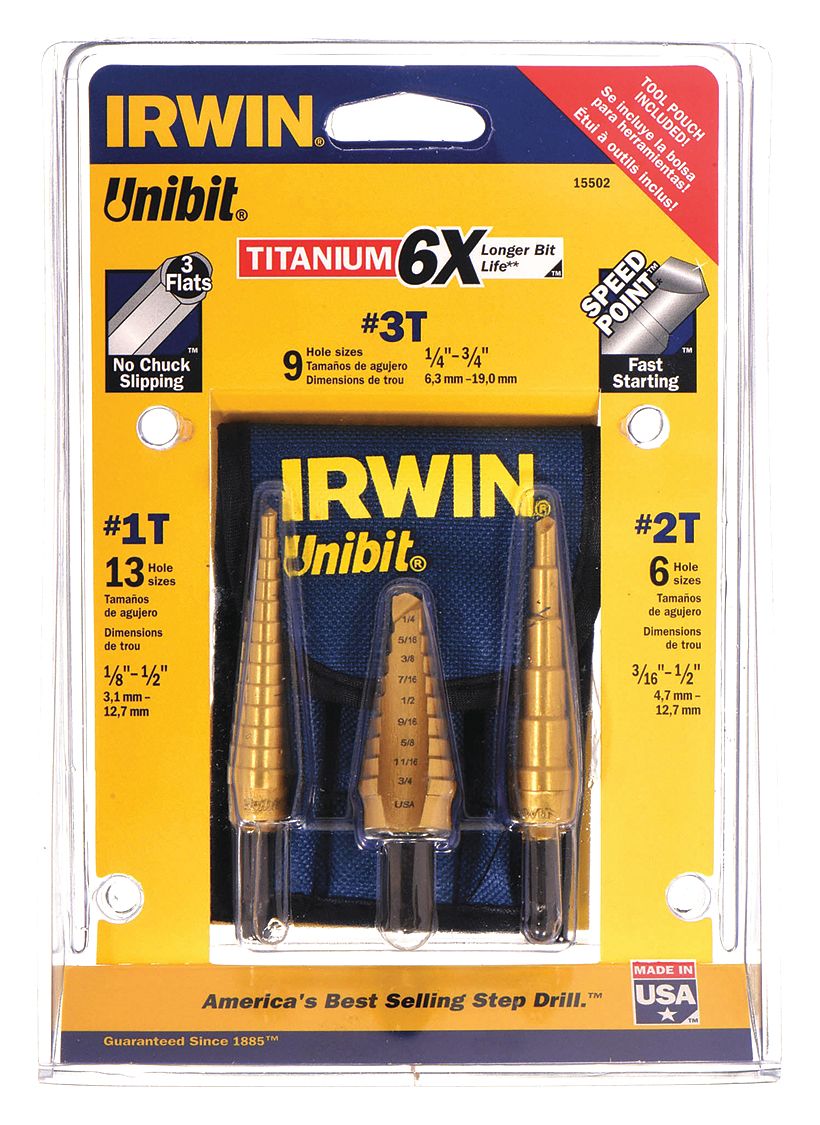 IRWIN, 3 Pc, 1/8" to 3/4", Step Drill Bit Set - 4XK73|15502 - Grainger