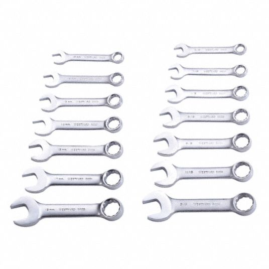 WESTWARD Combination Wrench Set: Alloy Steel, Satin, 14 Tools, 15° Head ...