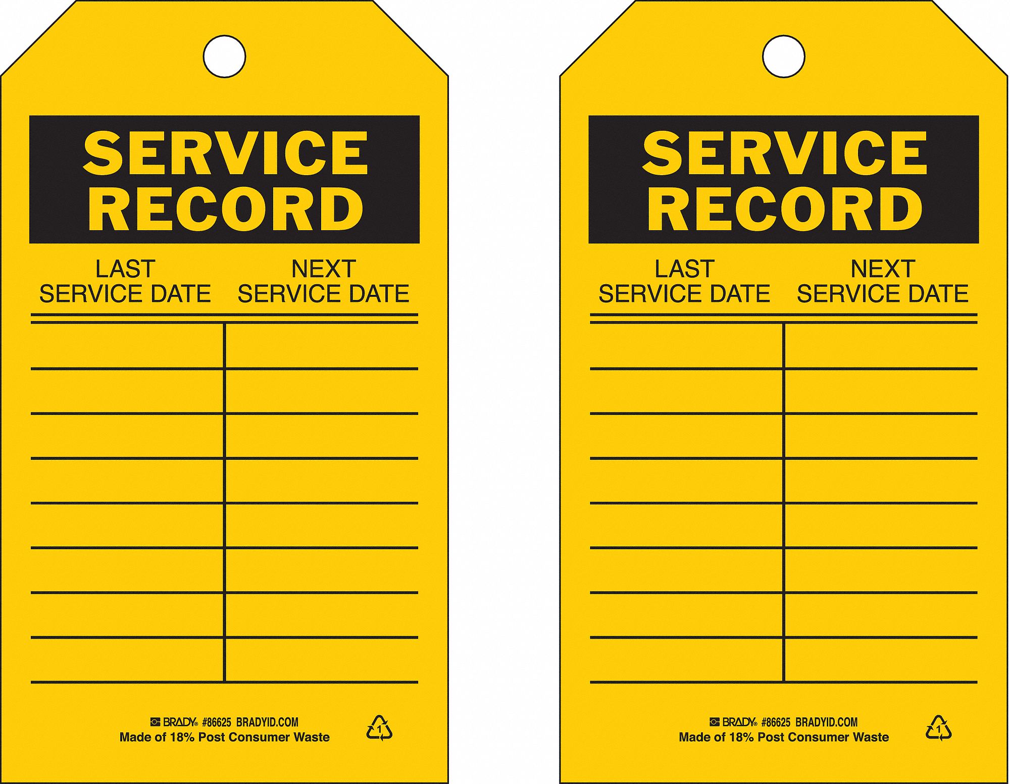 BRADY Service Record Tag, Polyester, Height: 7 in, Width: 4 in, Yellow ...
