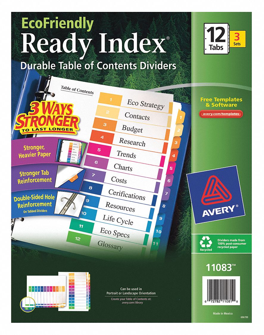 AVERY, 1 to 12 Tabs, 12 Tabs, Index Tabs - 50MR99|11083 - Grainger