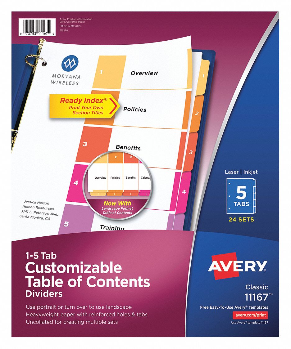 Customizable Table-of-Contents Uncollated Multicolor Dividers - Grainger