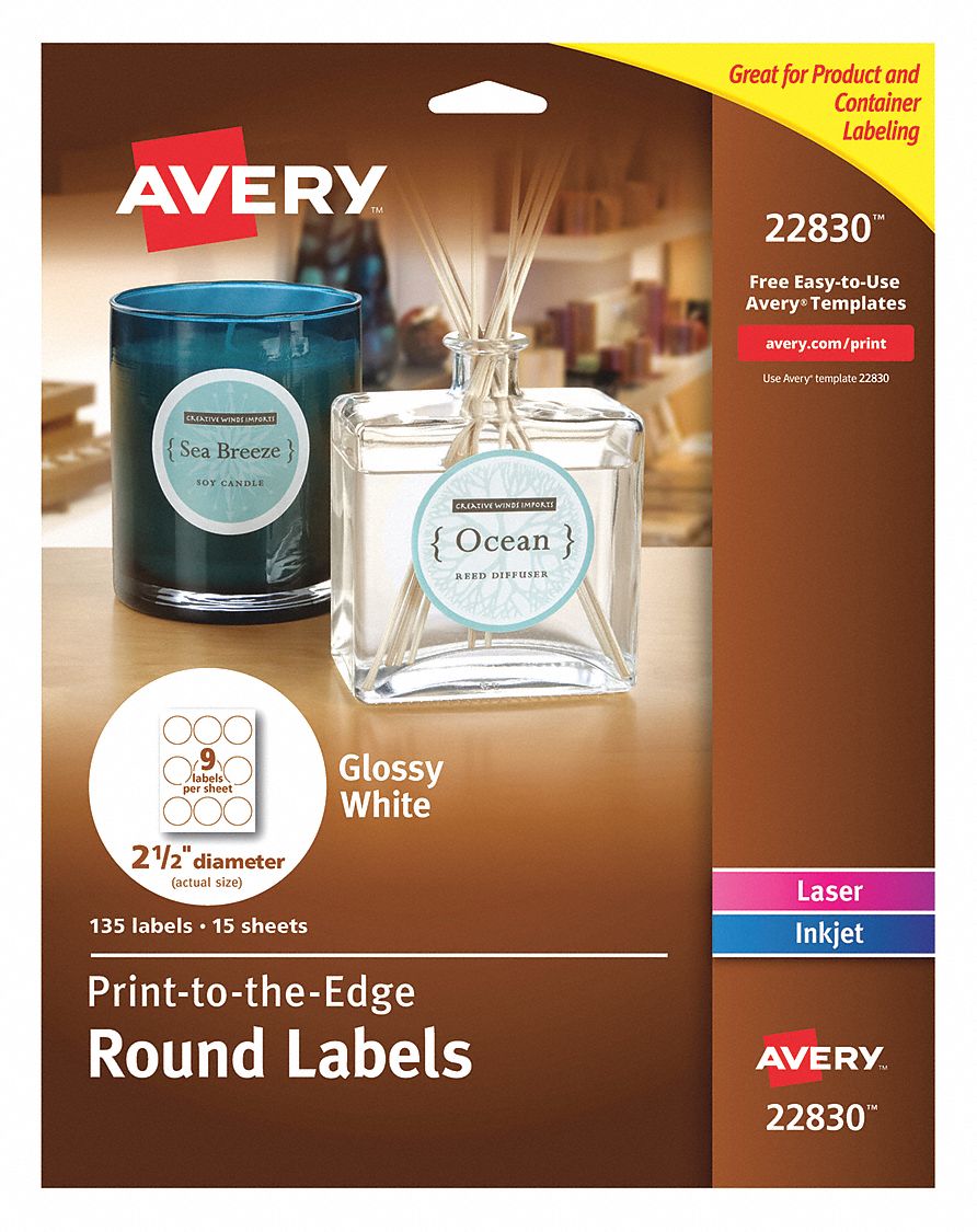 Round Labels,2-1/2" dia.,GlossWhite,PK90 - Grainger