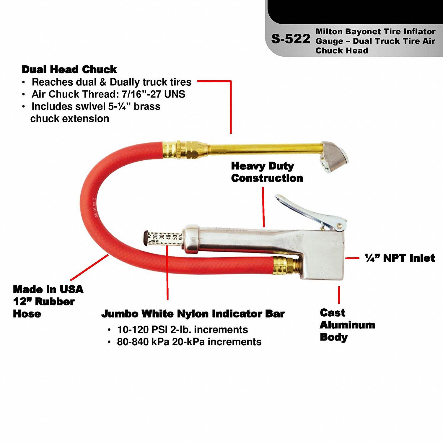 MILTON Dual Head Tire Inflator Gauge: 10 to 120 psi, Aluminum, 12 in, 1 ...