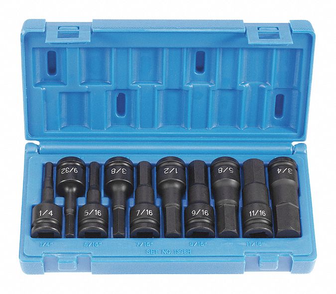 GREY PNEUMATIC, Hex Driver Set,1/2"D,10pcs. - 51NM20|1398H - Grainger