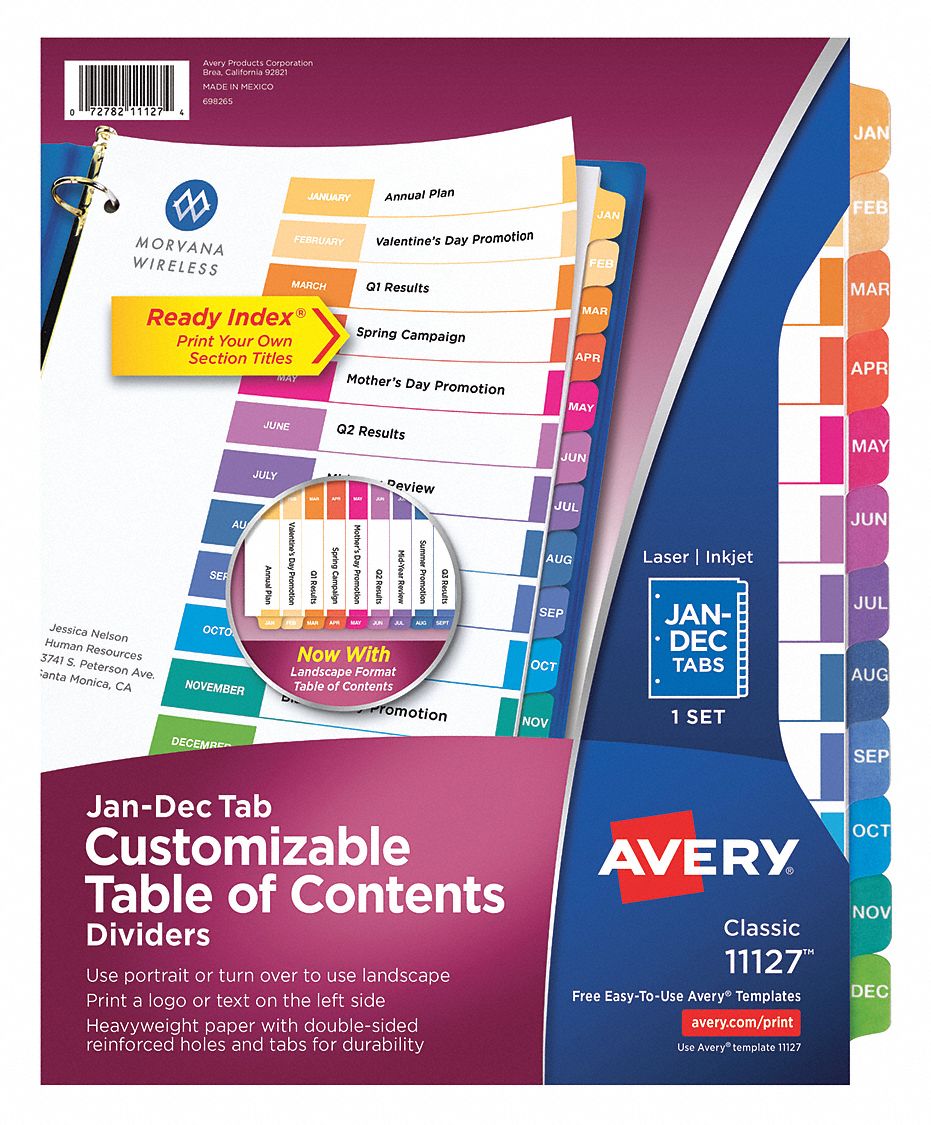 AVERY, Jan to Dec Tabs, 12 Tabs, Index Tabs - 51VU50|11127 - Grainger