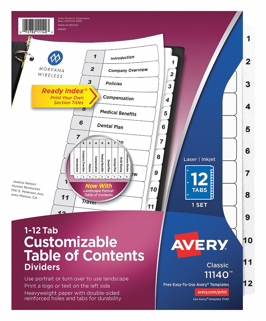 AVERY, 1 to 12 Tabs, 12 Tabs, Index Tabs - 51VU59|11140 - Grainger