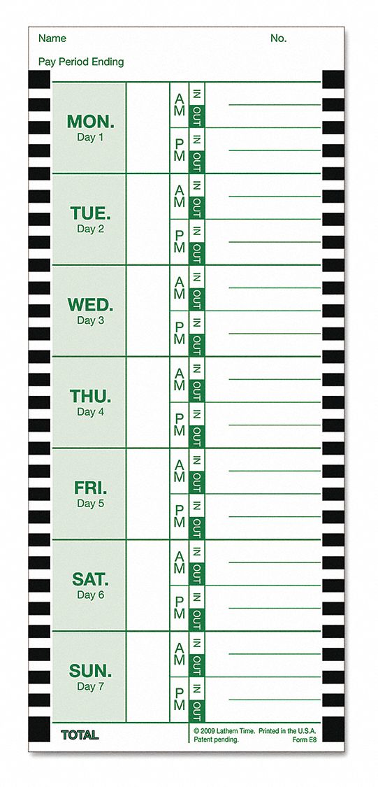 LATHEM TIME, White, 9 in Ht, Time Card - 51XF62|E8100 - Grainger