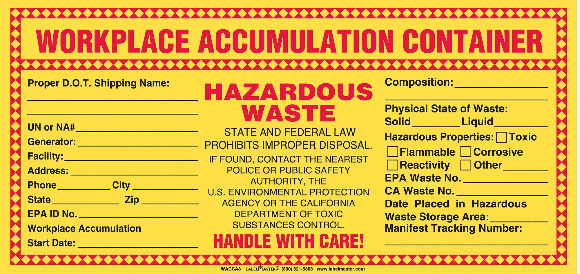 LABELMASTER, California Waste Label,PVCF,PK100 - 51ZW09|WACCA8 - Grainger