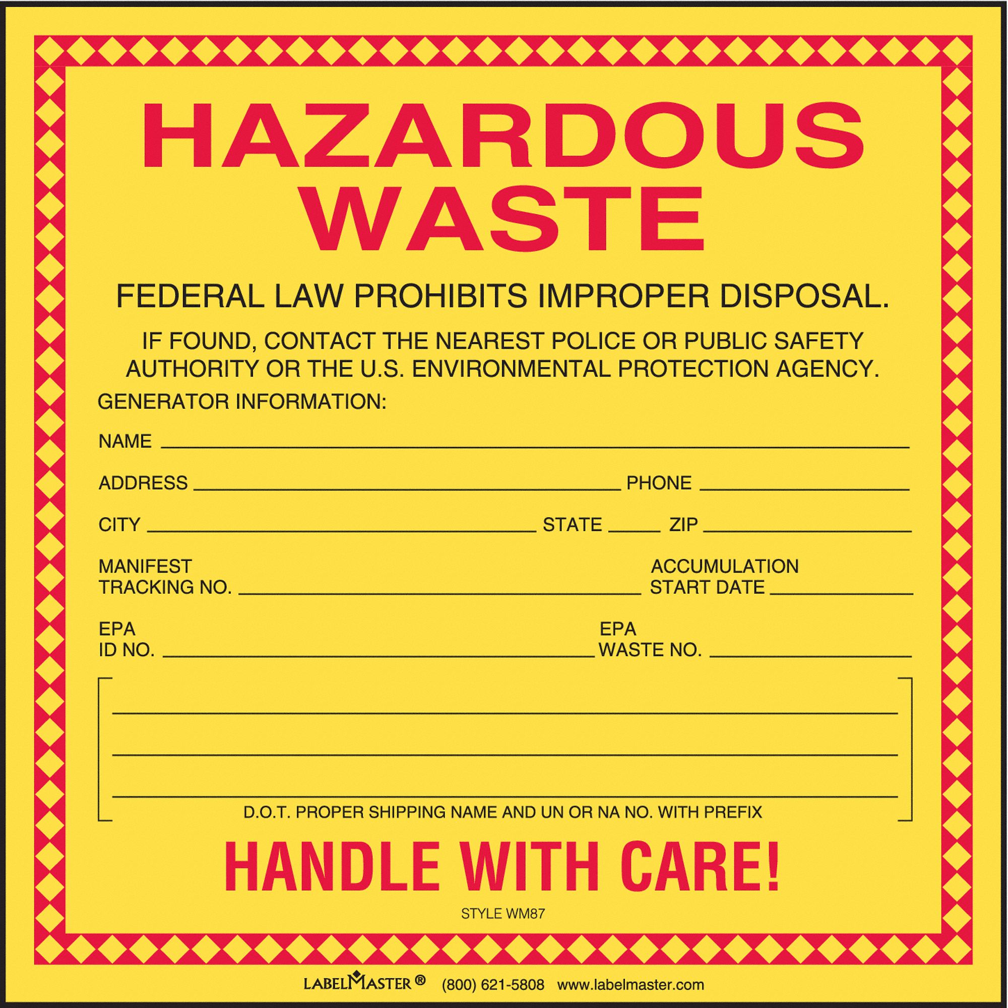 LABELMASTER, 6 in x 6 in, 6 in Label Wd, Waste Label - 51ZW11|WM87 ...