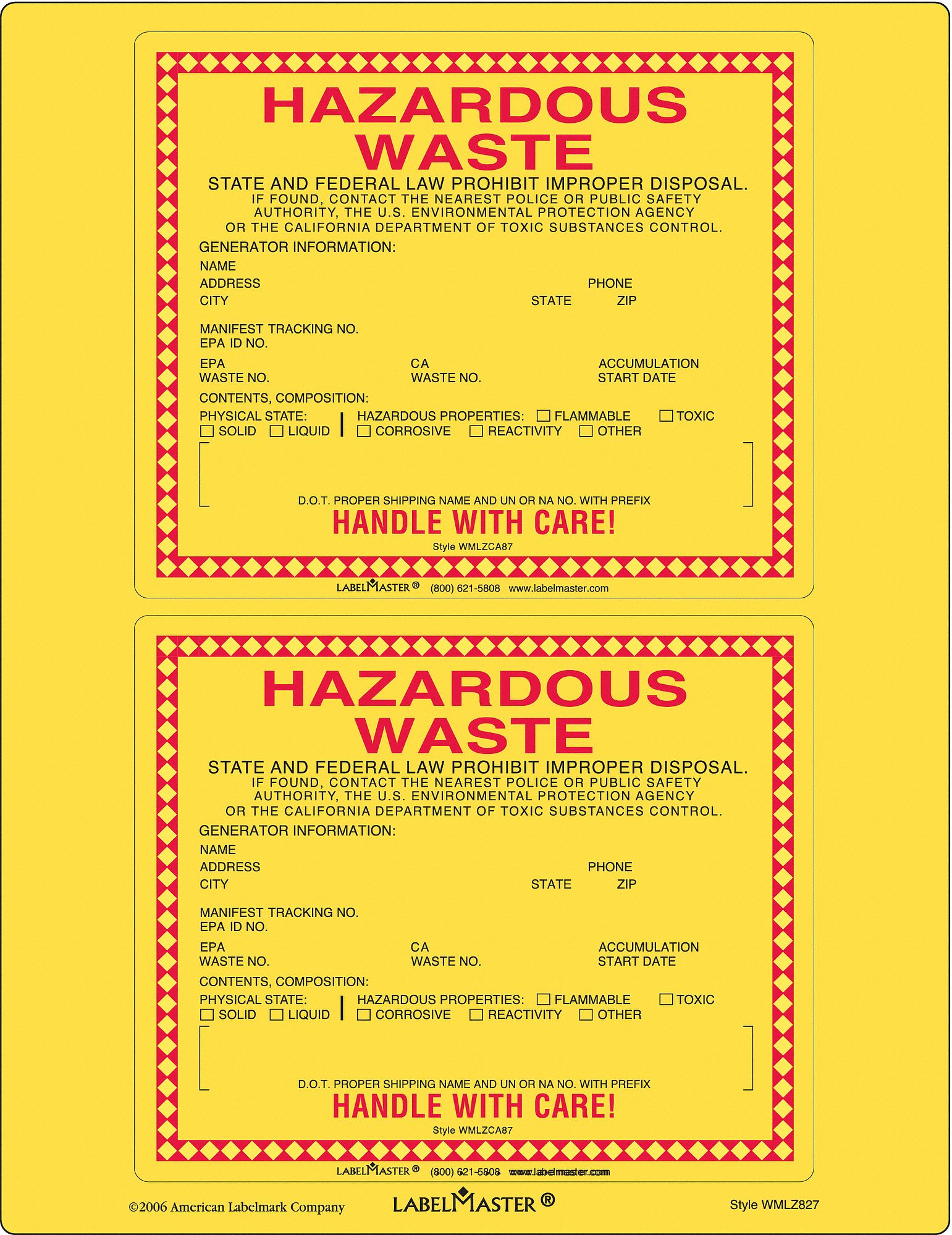 LABELMASTER, California Waste Label,Paper,6"x5",PK25 - 51ZW17|WMLZCA87 ...