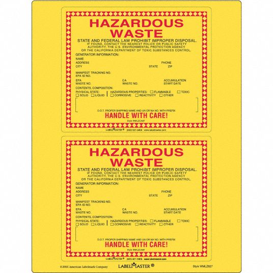 LABELMASTER, California Waste Label,Paper,6"x5",PK25 - 51ZW17|WMLZCA87 ...