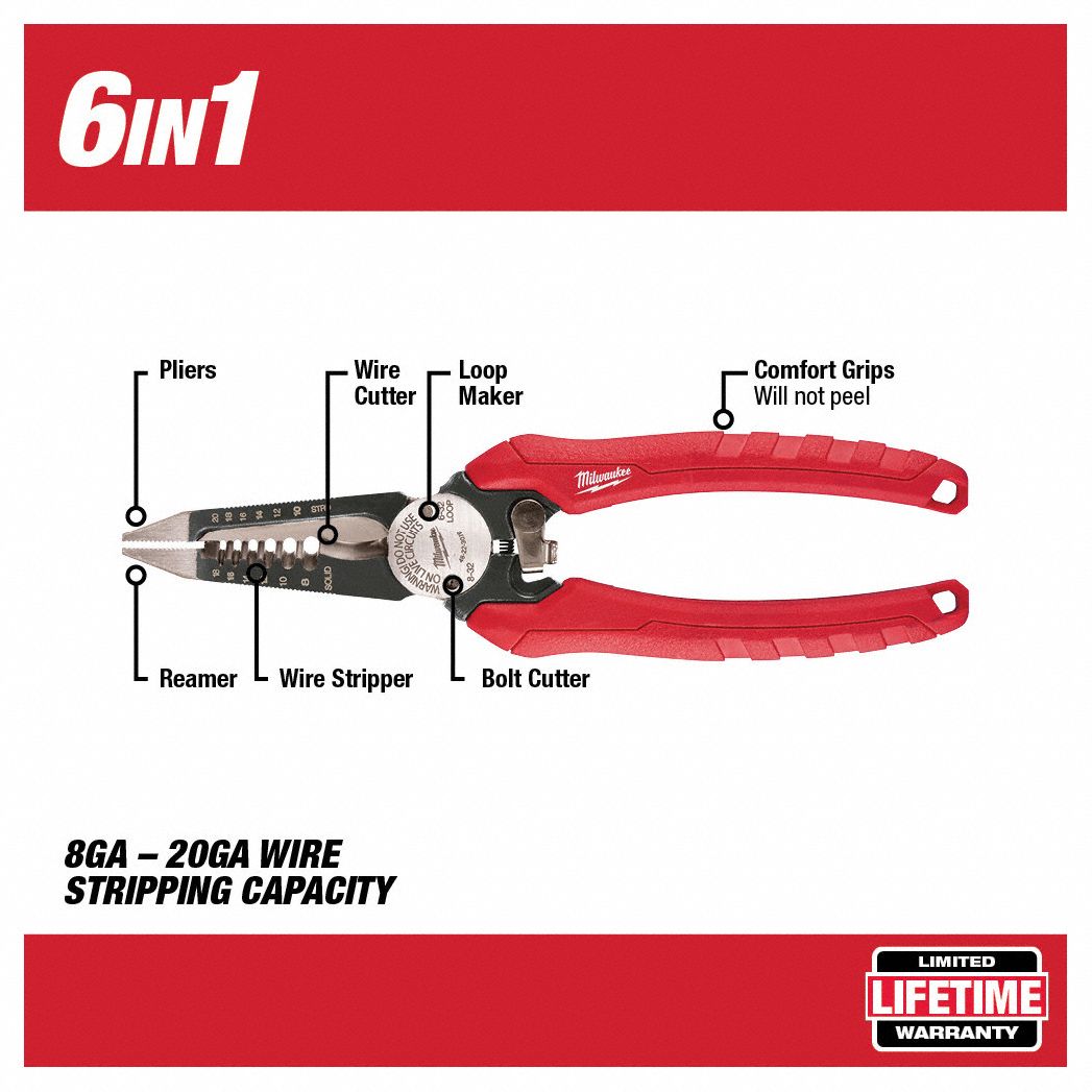 MILWAUKEE Wire Stripper: 18 AWG to 8 AWG, 7 3/4 in Overall Lg, Rounded ...
