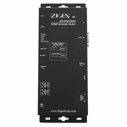ZIGEN, 2 Ports, HDMI Female, HDMI Receiver - 52CR78|ZIG-POE-RXAV - Grainger