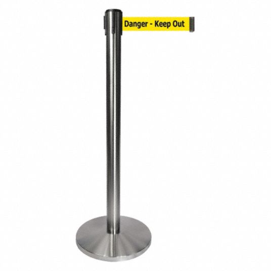 QUEUEWAY, Yellow, Danger Keep Out, Barrier Post with Belt - 52NR96 ...