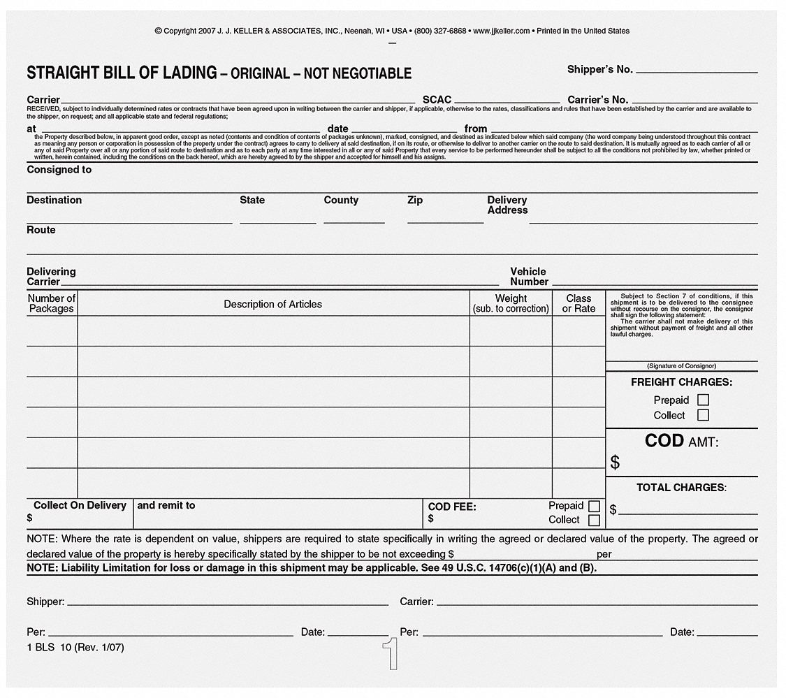 JJ KELLER, 7 in Wd, 8 1/2 in Lg, Bill of Lading Forms - 52VP05|403 ...