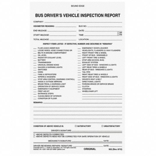 JJ KELLER Bus Driver Vehicle Inspection Report - 52VP08|902 - Grainger