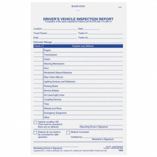 JJ KELLER Simplified Vehicle Inspection Report: With Carbon, 3 Plies ...