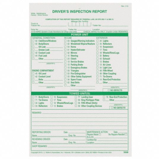 JJ KELLER, Carbonless, 3 Plies, Detailed Driver Vehicle Inspection ...