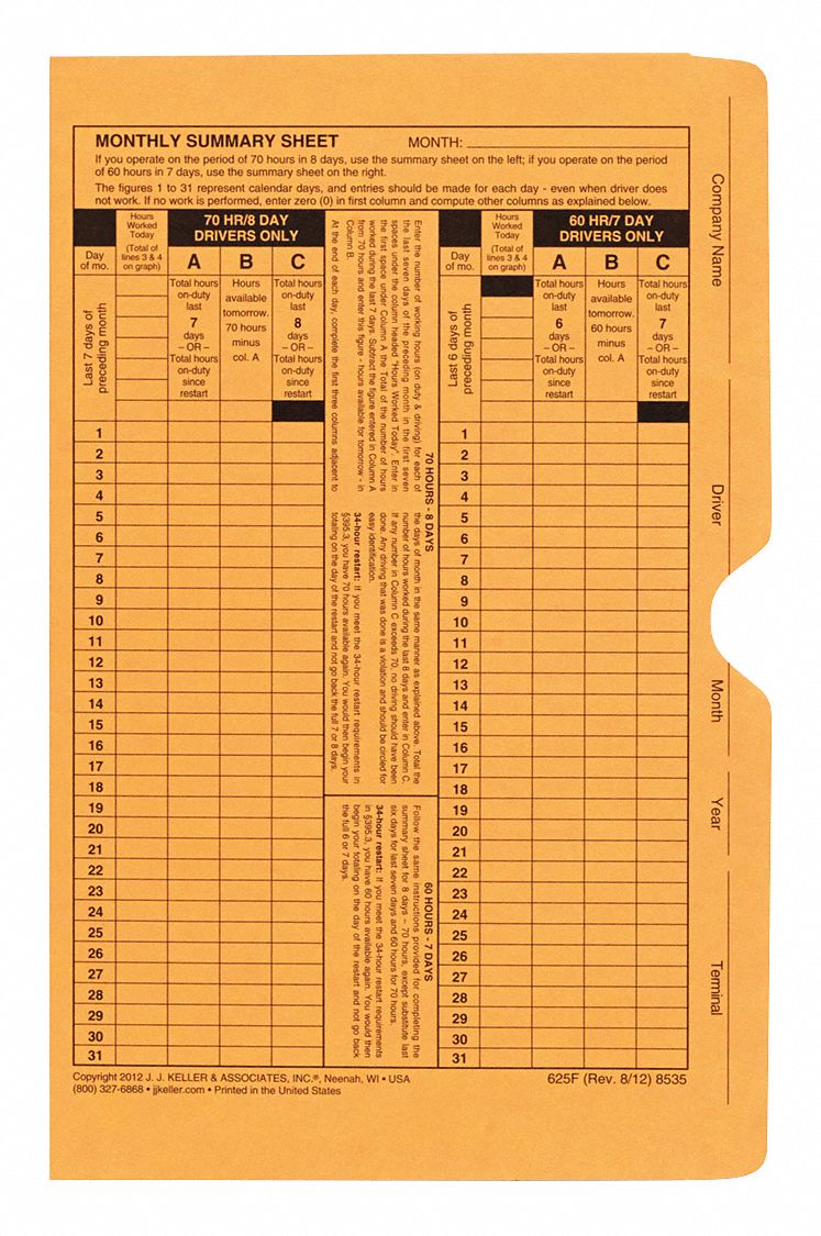 JJ KELLER, Monthly Log Summary Envelopes - 52VP40|8535 - Grainger
