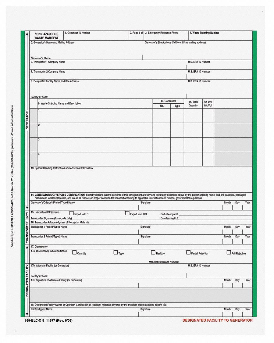 JJ KELLER, Carbonless, 11 in Overall Ht, Non Hazardous Waste Manifest ...