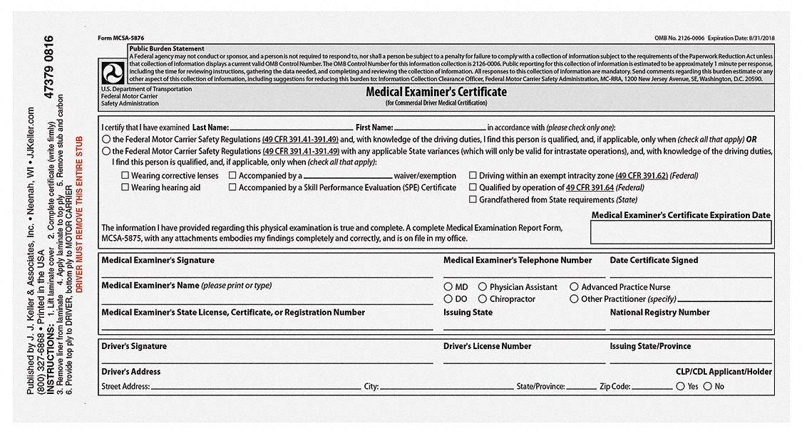JJ KELLER Medical Examination Certificate - 52VP84|47379 - Grainger