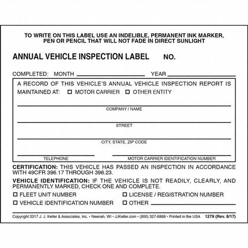 JJ KELLER, Carbonless, Annual Vehicle Inspection Label, Vehicle ...