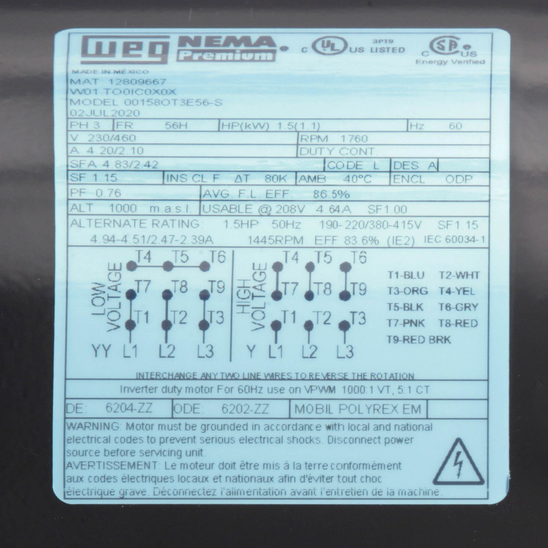 WEG General Purpose Motor: Open Dripproof, Rigid Base Mount, 1 1/2 HP ...