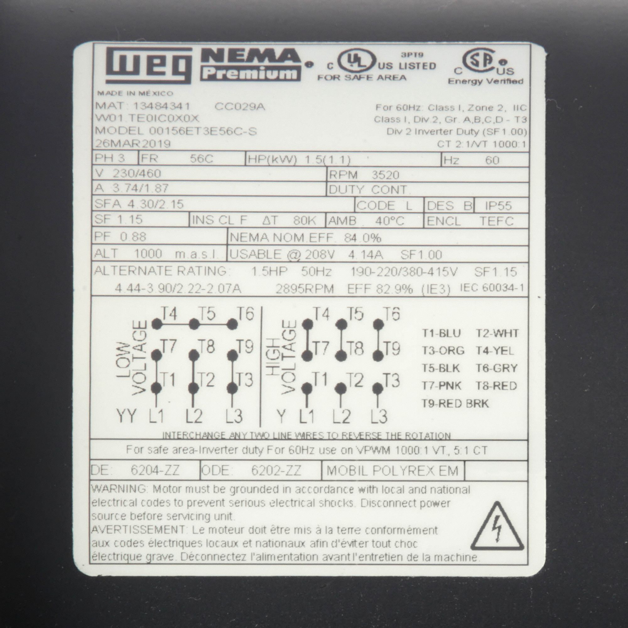 WEG General Purpose Motor, 1 1/2 HP, 3-Phase, Nameplate RPM 3,520 ...