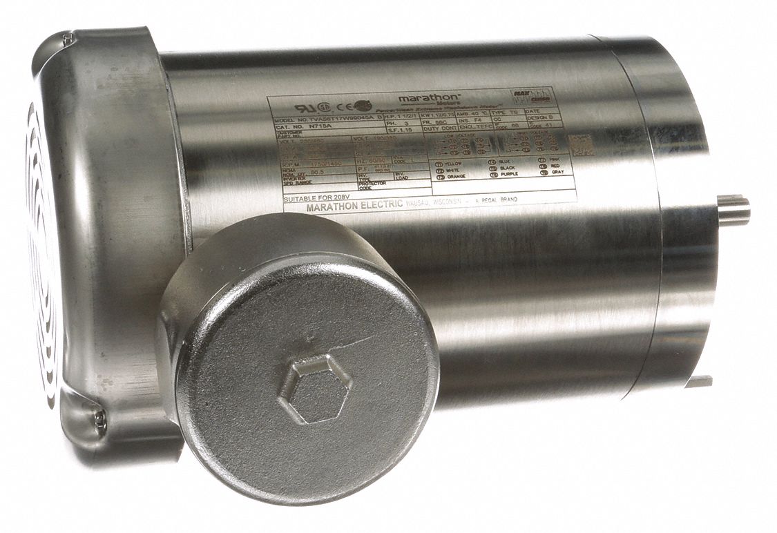 Washdown Motor, 1-1/2 HP, 3-Phase, Nameplate RPM 1750, Voltage 230/460 ...