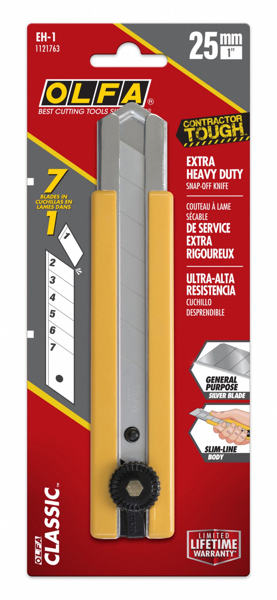 OLFA Utility Knife: 7 in Overall Lg, Plain, 7 Segments, 0 Blades Stored, Yellow - 53UE19|EH-1 ...