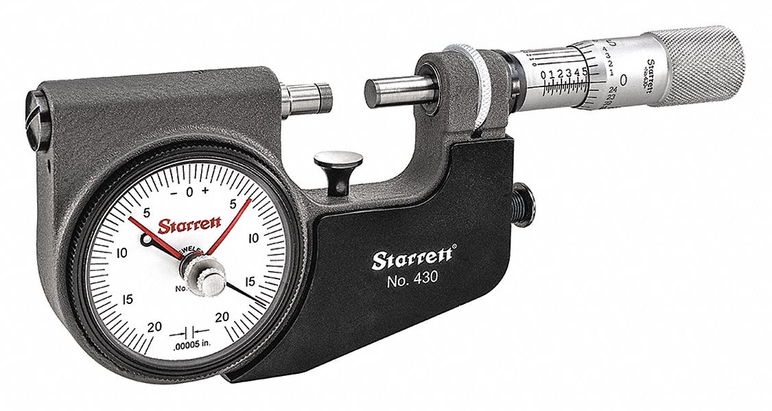 STARRETT, 0 in to 1 in, Inch, Dial Indicating Outside Micrometer ...