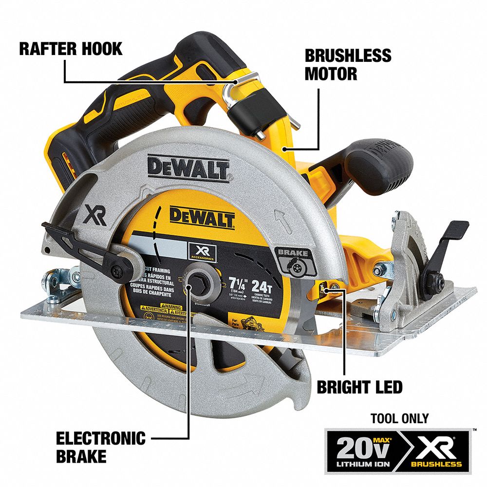 DEWALT Circular Saw: 7 1/4 in Blade Dia., Right, 2 9/16 in Max. Cutting ...