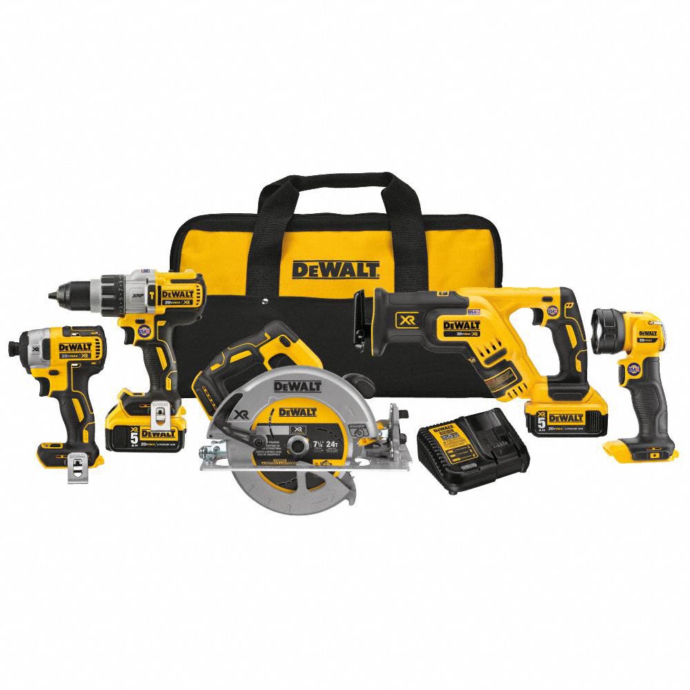 DEWALT, 5 Tools, 20 V DC Volt, Cordless Tool Combination Kit - 54JK22 ...