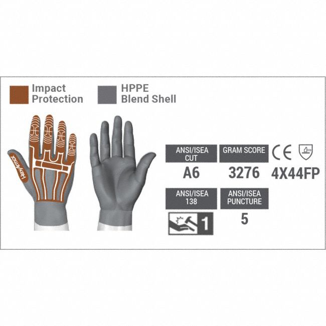 HEXARMOR Coated Gloves: L ( 9 ), ANSI Cut Level A6, Full, ANSI Impact ...