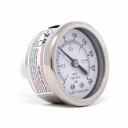 PIC GAUGES Industrial Compound Gauge: 30 to 0 to 30 in Hg/psi, 2 in Dial, Field-Fillable, 300 ...