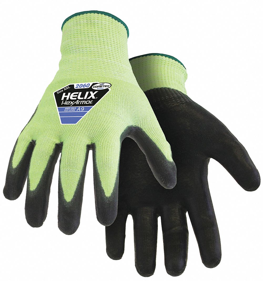 HEXARMOR Coated Gloves: L ( 9 ), ANSI Cut Level A9, Palm, Dipped, Polyurethane, Smooth, Lime, 1 ...