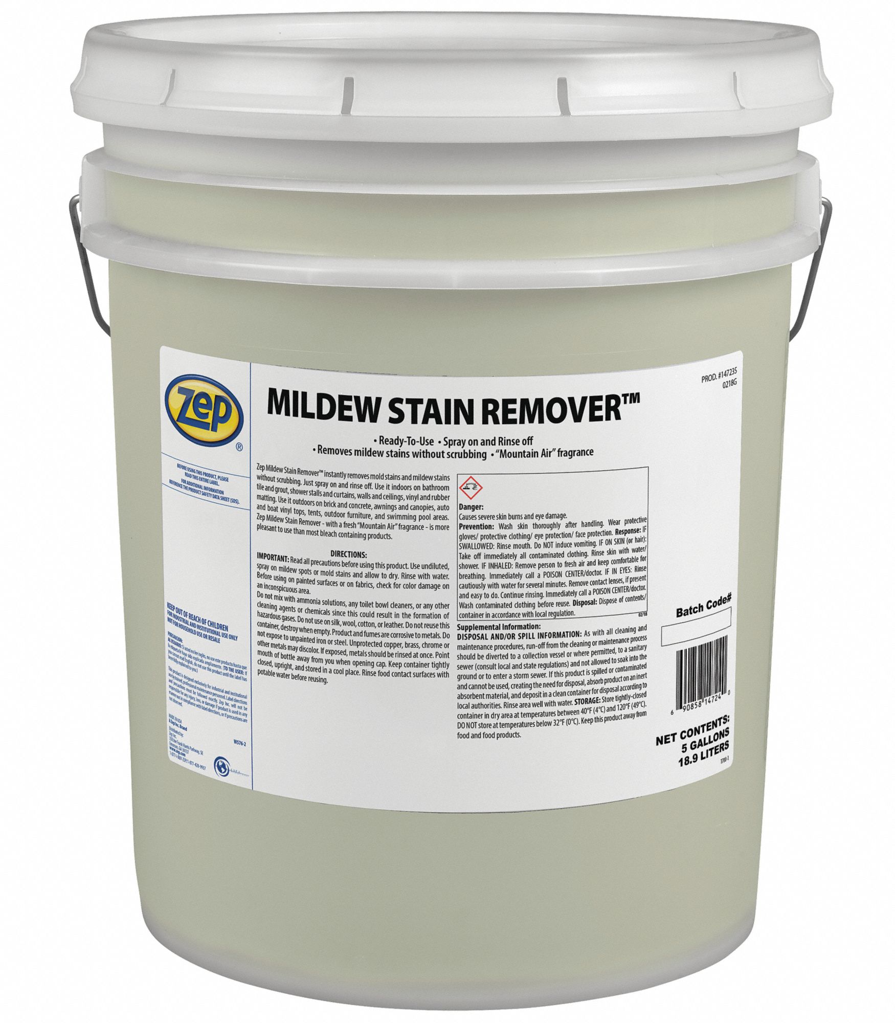 ZEP, Bucket, 5 gal Container Size, Mildew Stain Remover - 54ZL74|147235 ...