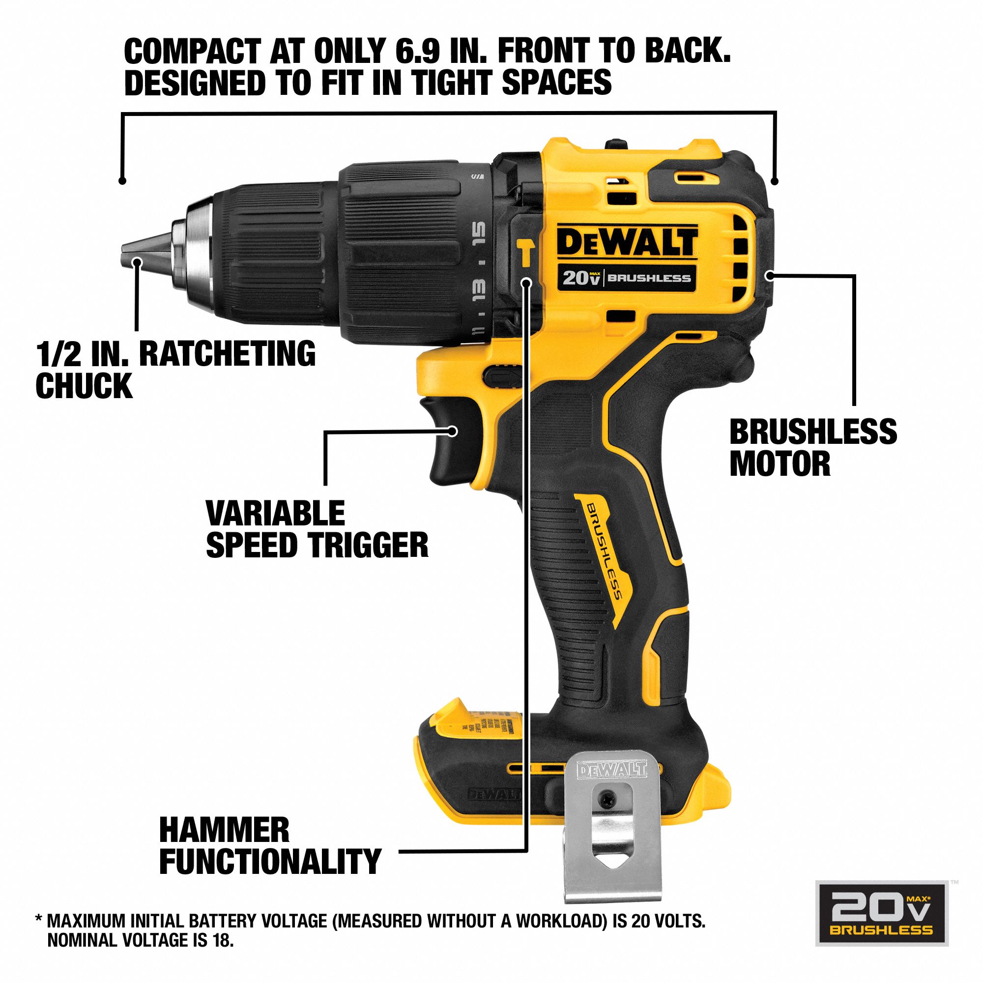 DEWALT Cordless Hammer Drill Kit: 20V DC, Compact, 1/2 in Chuck ...